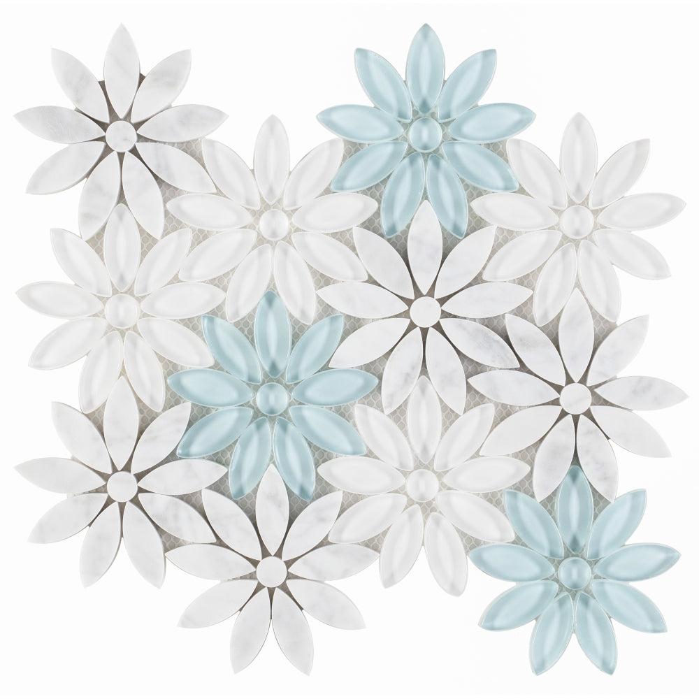 Elysium Tiles Daisy Blue 10" x 11.25" Glass and Marble Mosaic Tile ...
