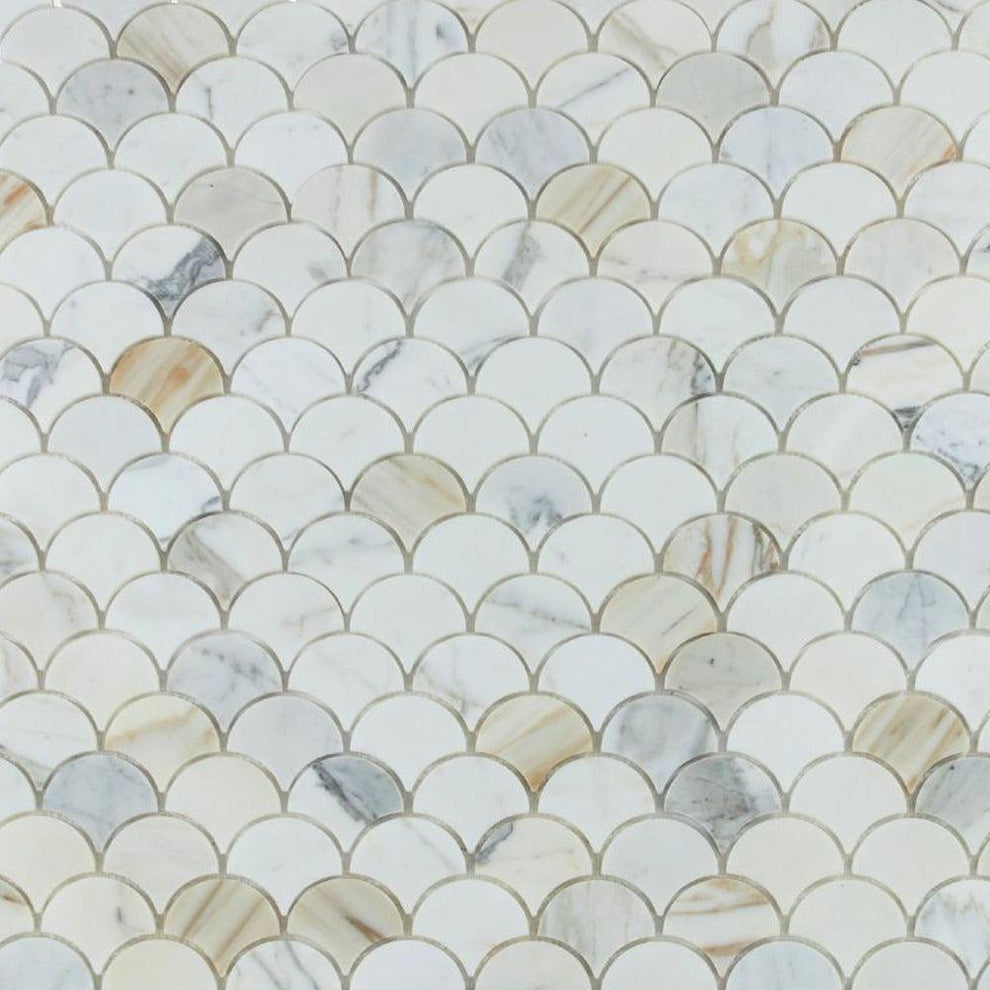 Elysium Tiles Dragon Scale Calacatta Gold Honed 9.75" x 10" Marble Mos ...